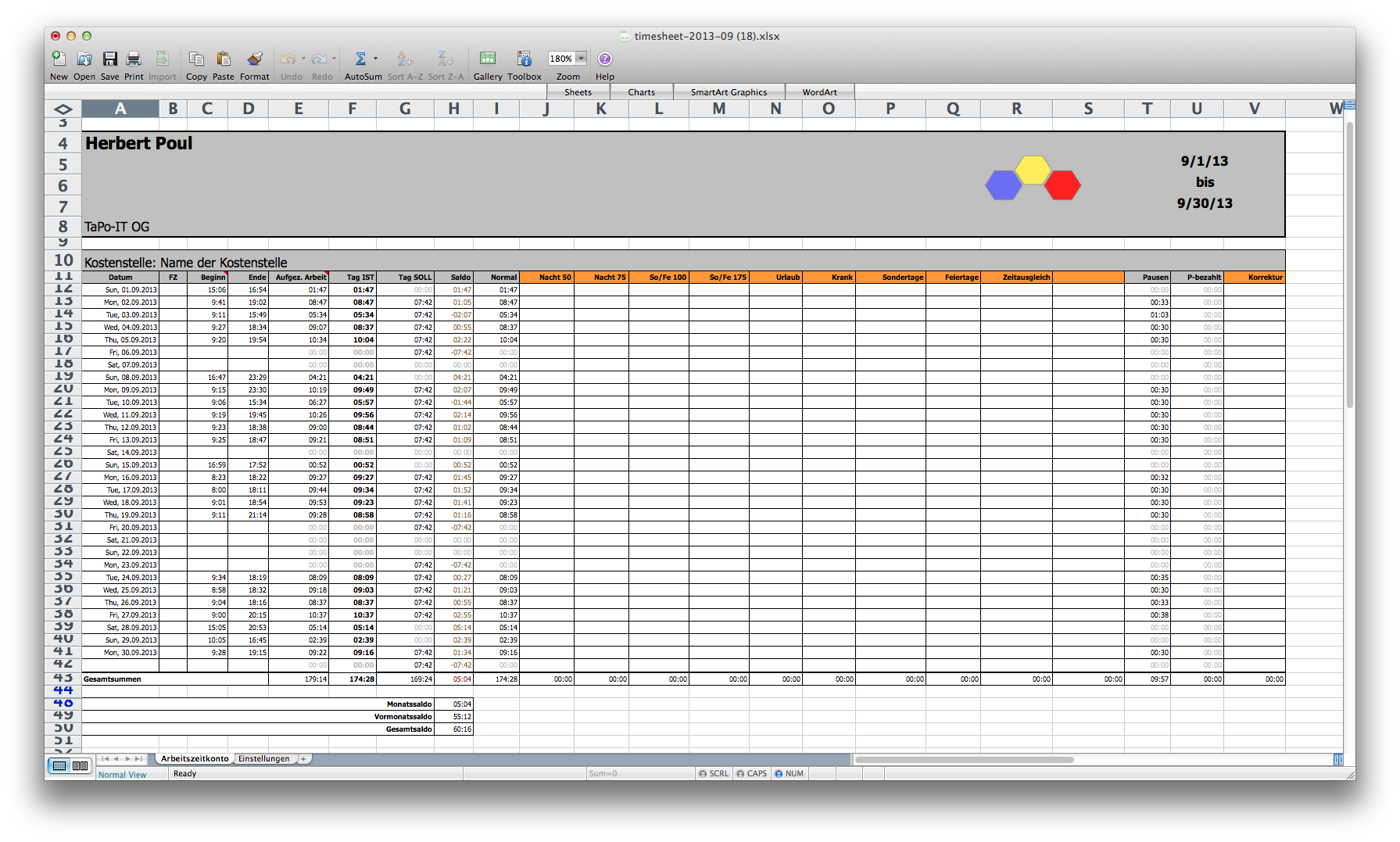 Arbeitszeitkonto Im Excel Format WorkTrail